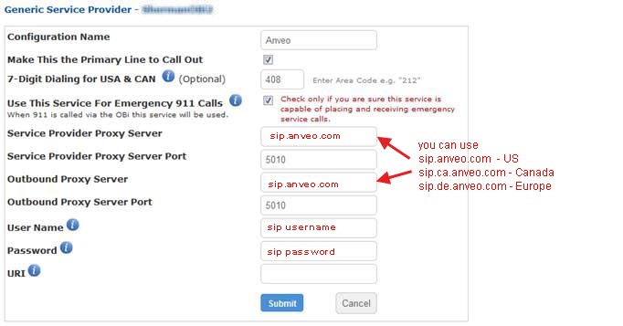 Obi110 configuration for Anveo