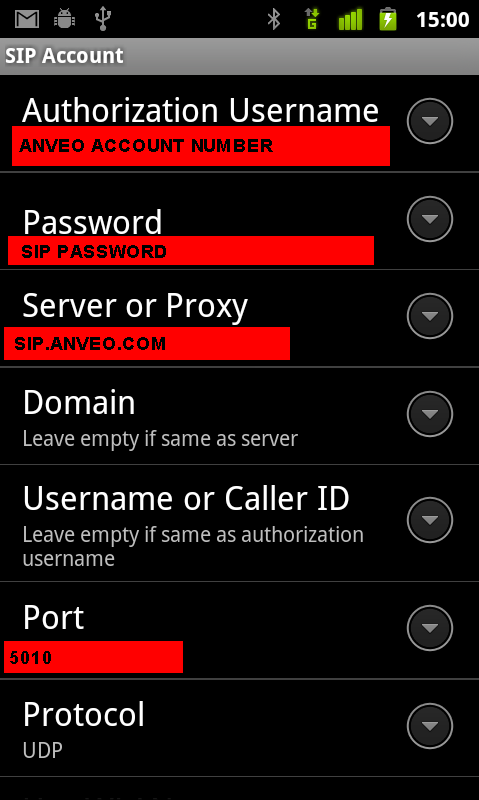 SIP Account Configuration for SIPDroid